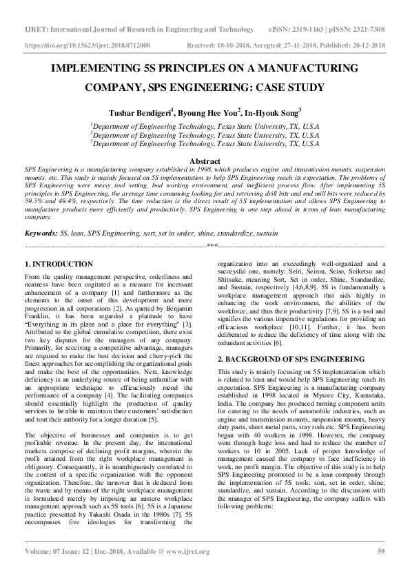 (PDF) Implementing 5S Principles on a Manufacturing Company, SPS Engineering: Case Study