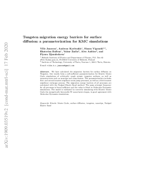 (PDF) Tungsten migration energy barriers for surface diffusion: a parameterization for KMC ...