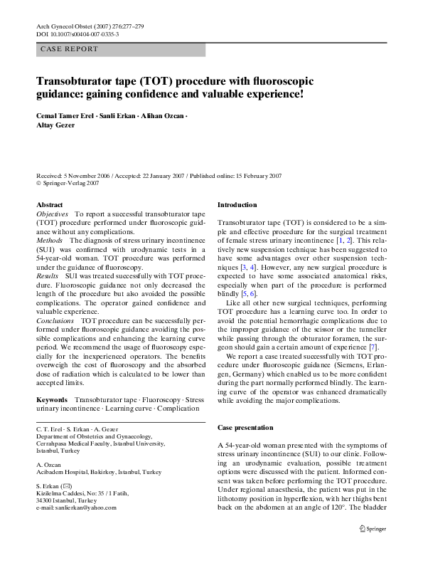 (PDF) Transobturator tape (TOT) procedure with fluoroscopic guidance ...