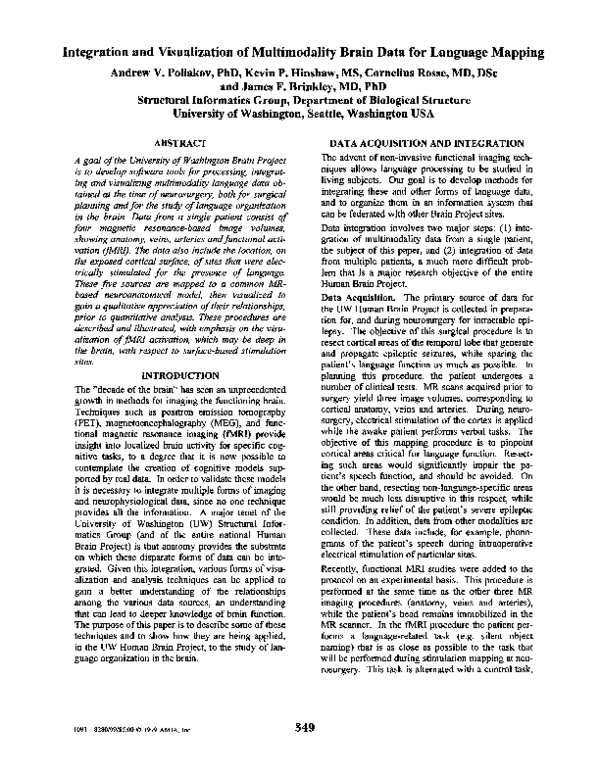 (PDF) Integration and visualization of multimodality brain data for language mapping