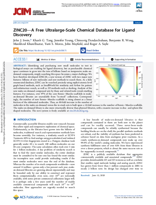 (PDF) ZINC20—A Free Ultralarge-Scale Chemical Database for Ligand Discovery