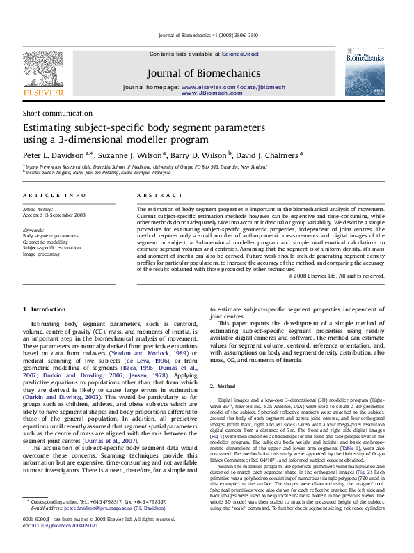 (PDF) Estimating subject-specific body segment parameters using a 3-dimensional modeller program