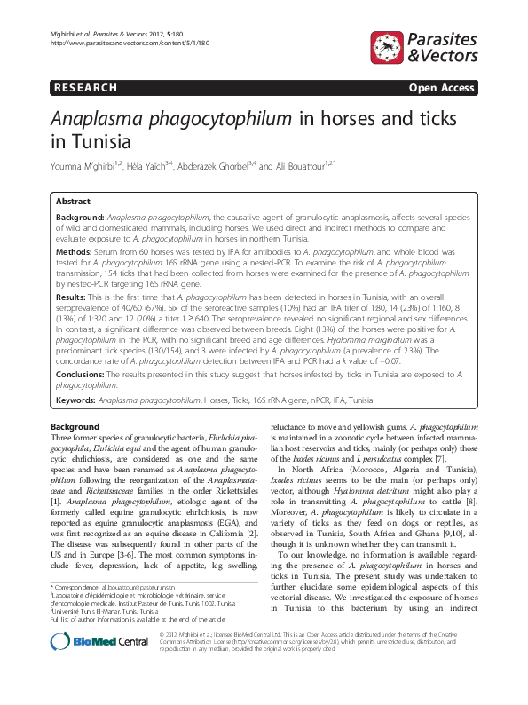 (PDF) Anaplasma phagocytophilum in horses and ticks in Tunisia