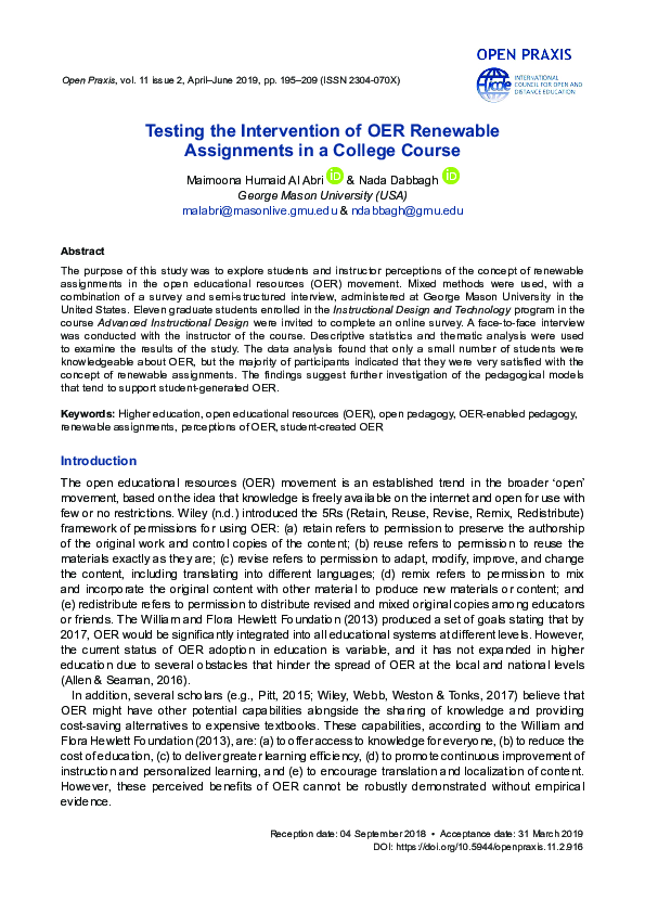 (PDF) Testing the Intervention of OER Renewable Assignments in a ...