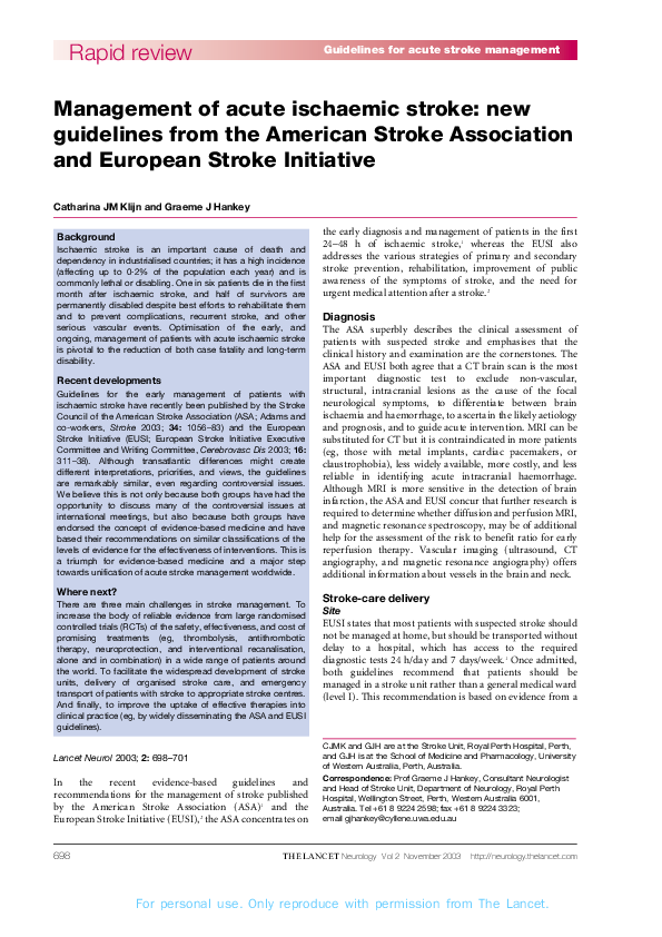 (PDF) Management of acute ischaemic stroke: new guidelines from the ...