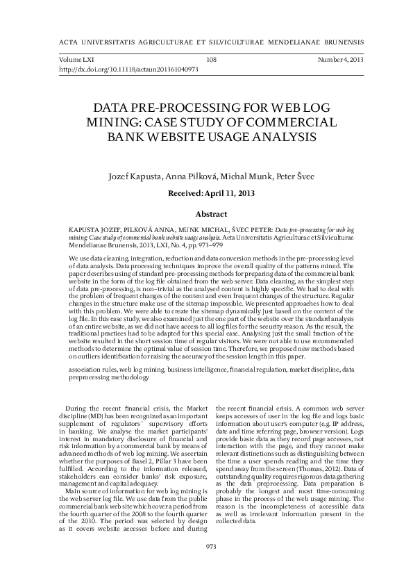 (PDF) Data pre-processing for web log mining: Case study of commercial bank website usage analysis