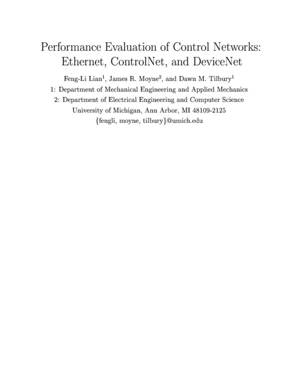 (PDF) Performance evaluation of control networks: Ethernet, ControlNet, and DeviceNet