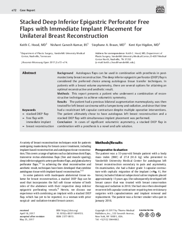(PDF) Stacked deep inferior epigastric perforator flap breast reconstruction: a review of 110 ...