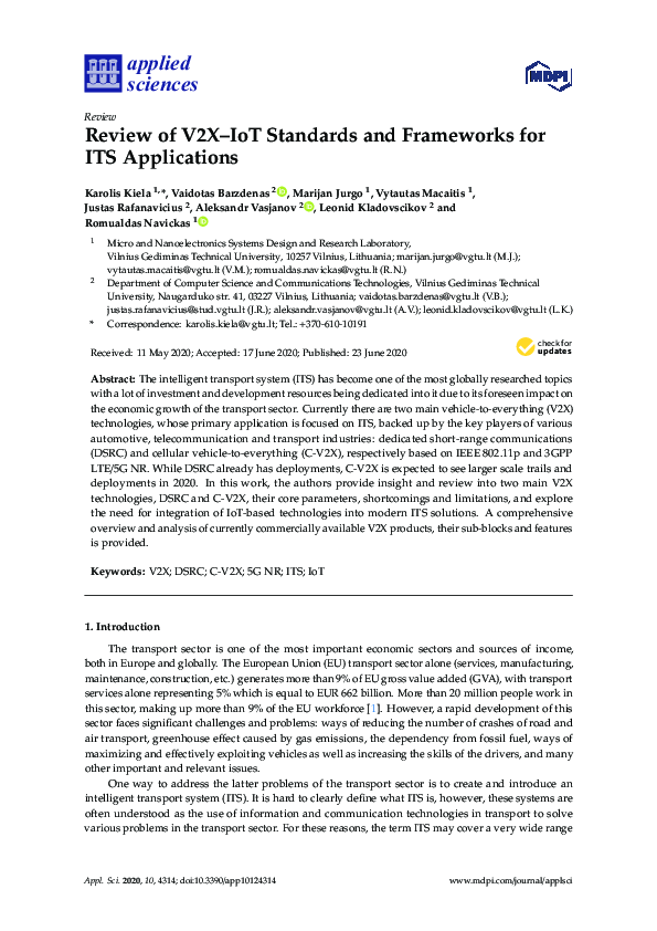 (PDF) Review of V2X–IoT Standards and Frameworks for ITS Applications