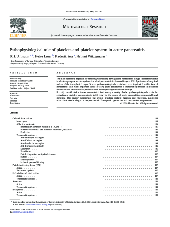 (PDF) Pathophysiological role of platelets and platelet system in acute pancreatitis
