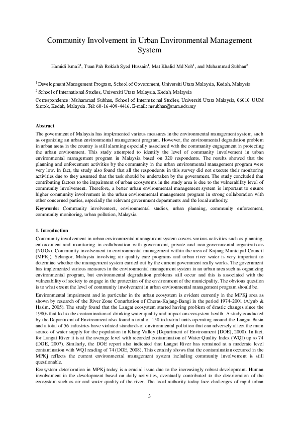 (PDF) Community Involvement in Urban Environmental Management System