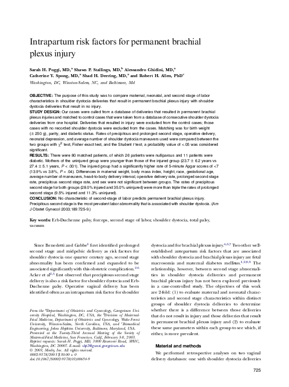 (PDF) Intrapartum risk factors for permanent brachial plexus injury