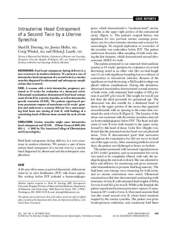 (PDF) Intrauterine head entrapment of a second twin by a uterine ...