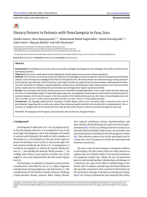(PDF) Dietary Pattern in Patients with Preeclampsia in Fasa, Iran