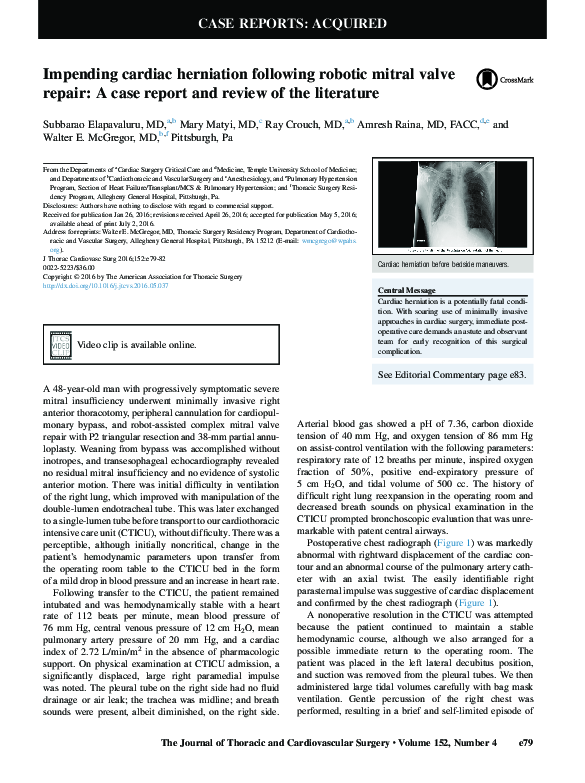 (PDF) Impending cardiac herniation following robotic mitral valve ...