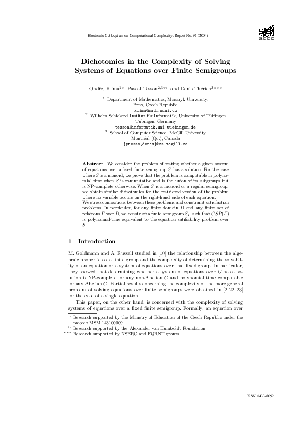 (PDF) Dichotomies in the Complexity of Solving Systems of Equations over Finite Semigroups