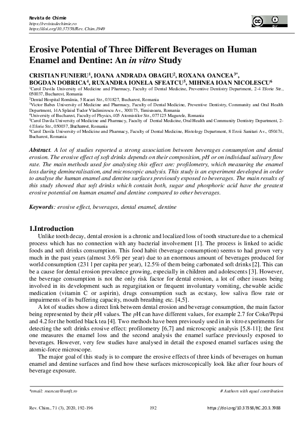 (PDF) Erosive Potential of Three Different Beverages on Human Enamel and Dentine: An in vitro Study