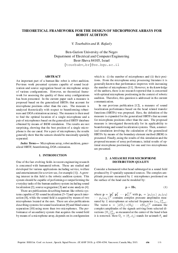 Pdf Theoretical Framework For The Design Of Microphone Arrays For Robot Audition