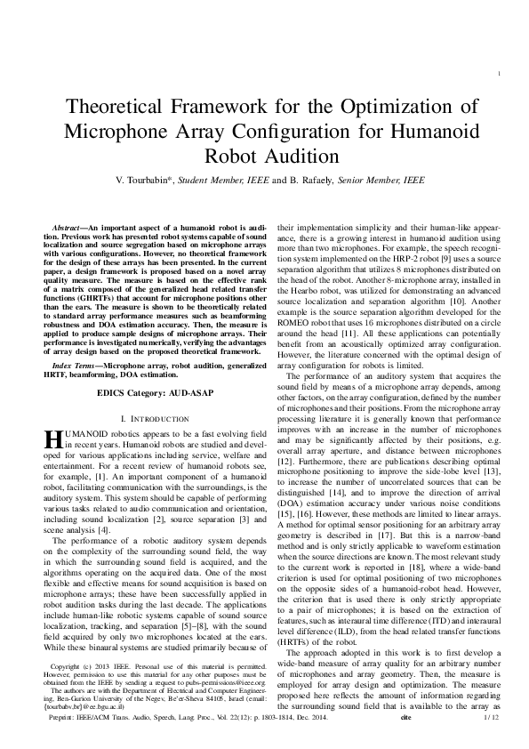 Pdf Theoretical Framework For The Optimization Of Microphone Array Configuration For Humanoid