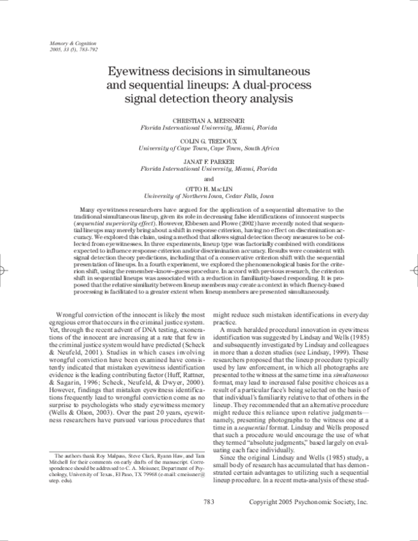 Pdf Eyewitness Decisions In Simultaneous And Sequential Lineups A Dual Process Signal
