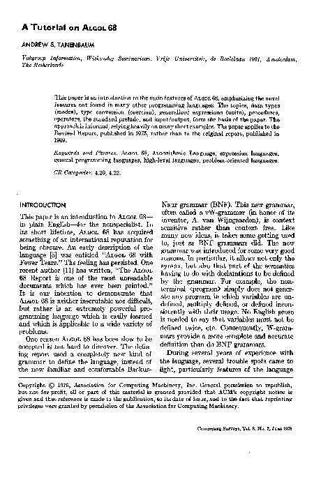 Pdf A Tutorial On Algol 68 1297