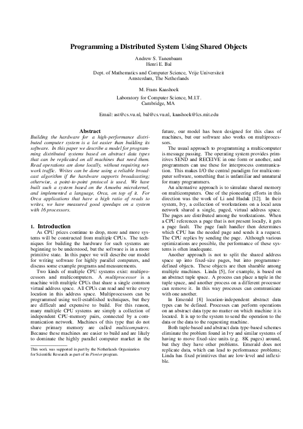 (PDF) Programming a distributed system using shared objects