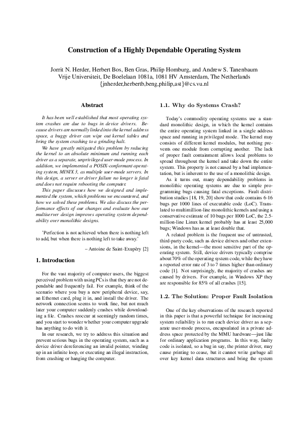 (PDF) Construction of a Highly Dependable Operating System | Andrew S Tanenbaum - Academia.edu