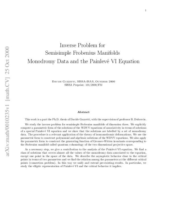 (PDF) Frobenius Manifolds and Painlevé VI: Solutions and Invariants