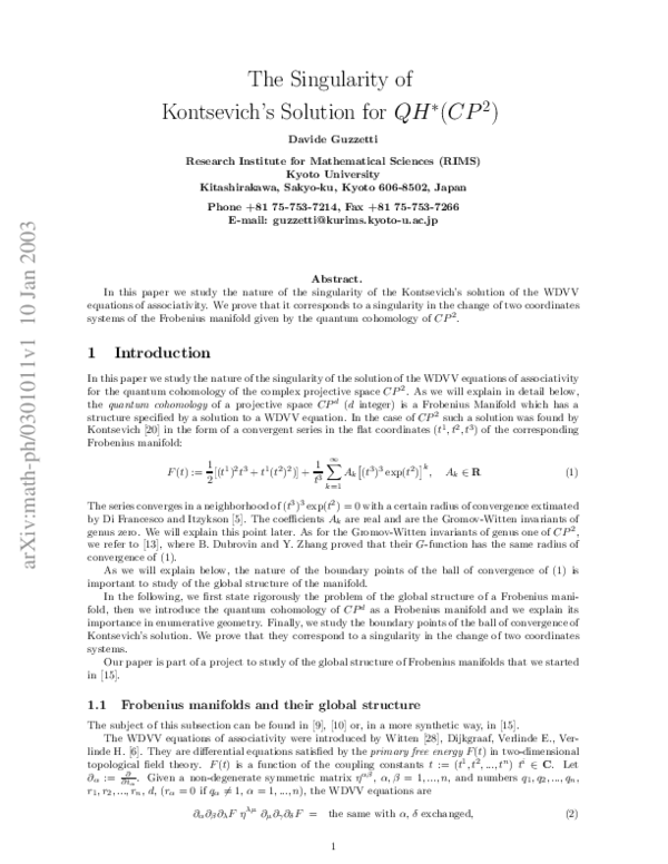 (PDF) The Singularity of Kontsevich?s Solution for QH*(CP2)