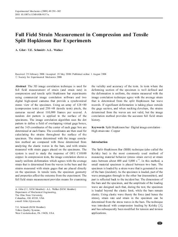 (PDF) Full Field Strain Measurement in Compression and Tensile Split ...