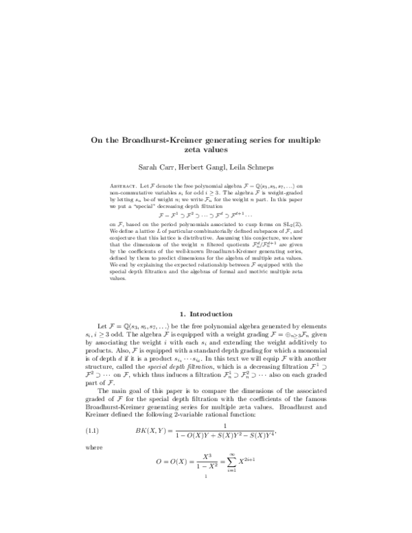 (PDF) On the Broadhurst-Kreimer generating series for multiple zeta values