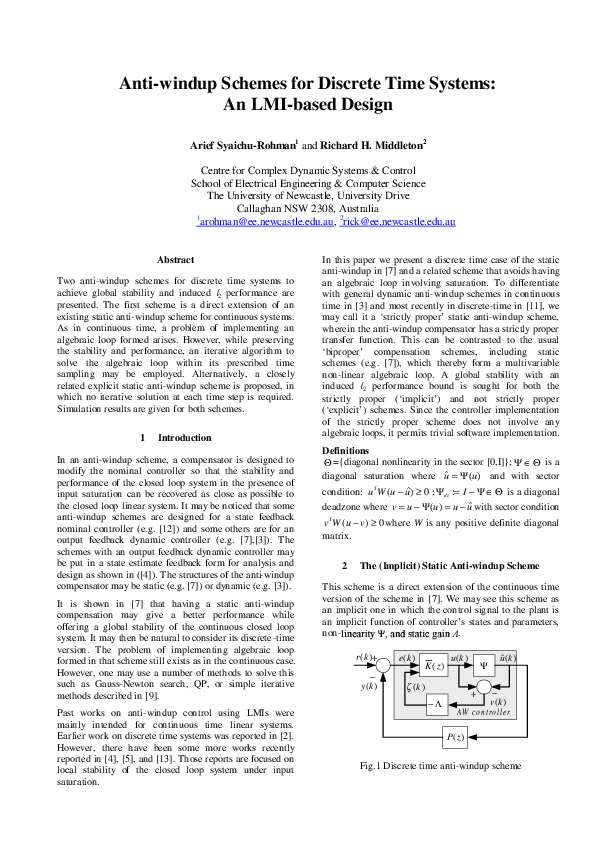 (PDF) Anti-windup schemes for discrete time systems: an LMI-based design