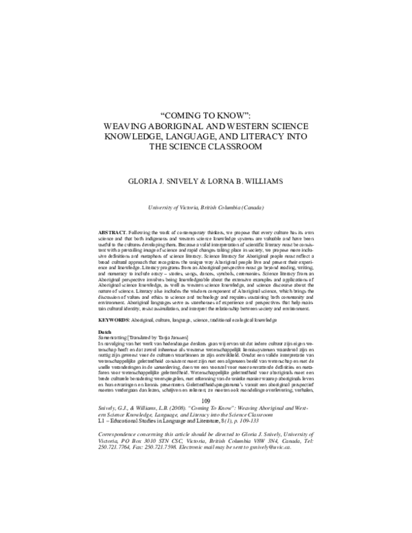 (PDF) “Coming to Know”: Weaving Aboriginal and Western science ...