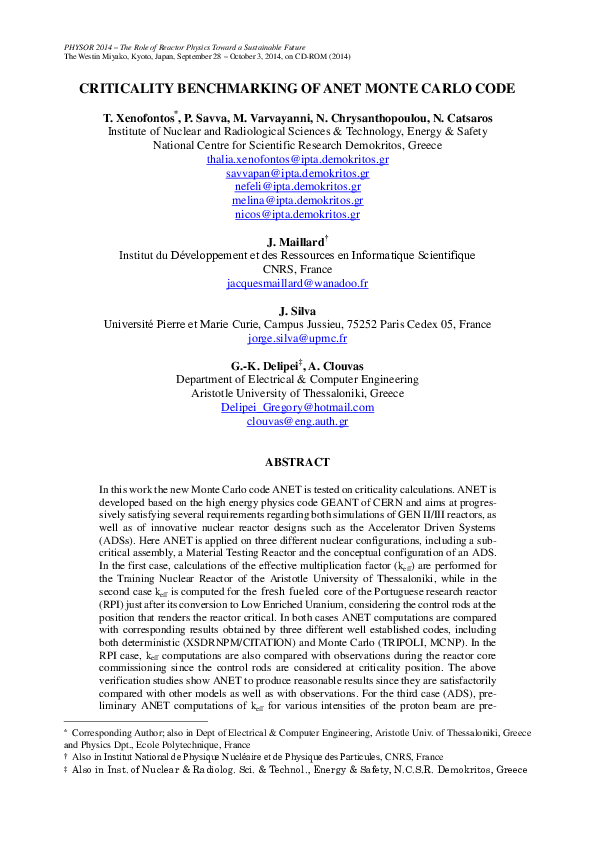 (PDF) Criticality Benchmarking of ANET Monte Carlo code