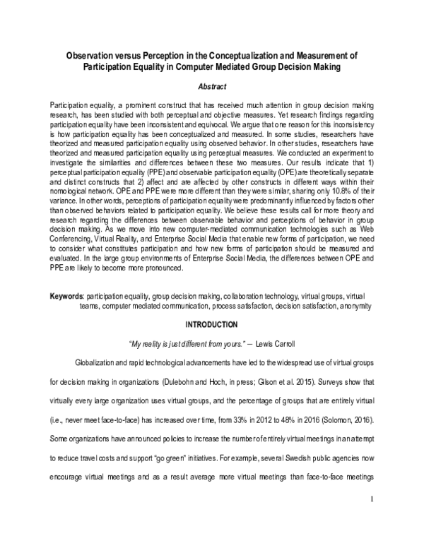 Observation versus Perception in the Conceptualization and Measurement ...