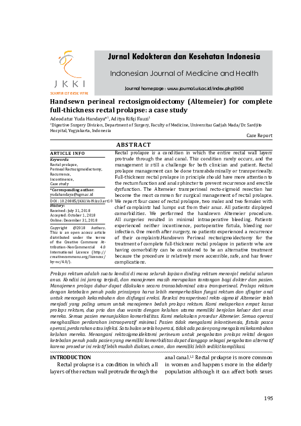 (PDF) Handsewn perineal rectosigmoidectomy (Altemeier) for complete ...