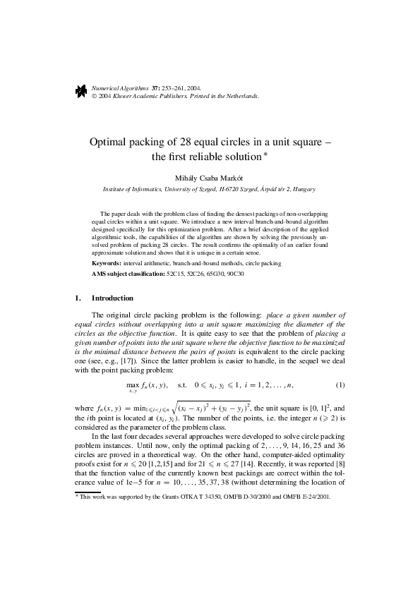(PDF) Optimal Packing of 28 Equal Circles in a Unit Square – The First ...