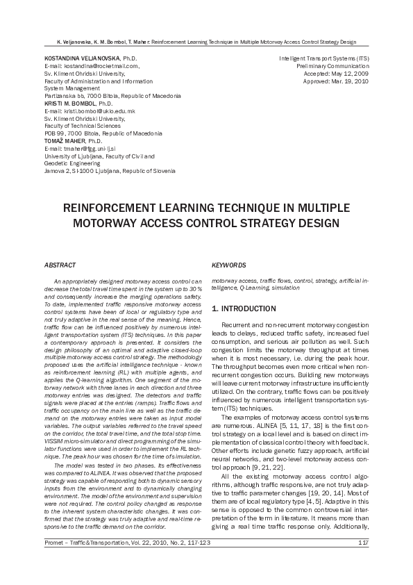 Pdf Reinforcement Learning Technique In Multiple Motorway Access Control Strategy Design