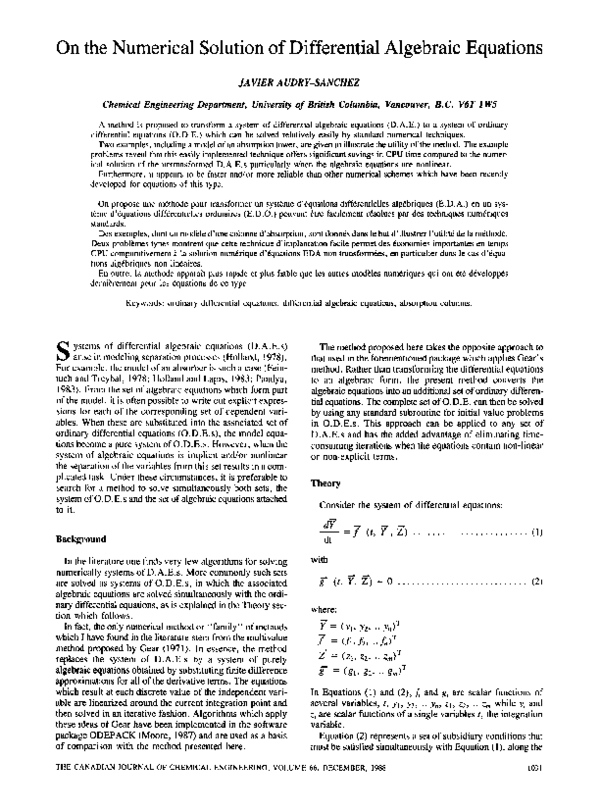 Pdf On The Numerical Solution Of Differential Algebraic Equations 7467