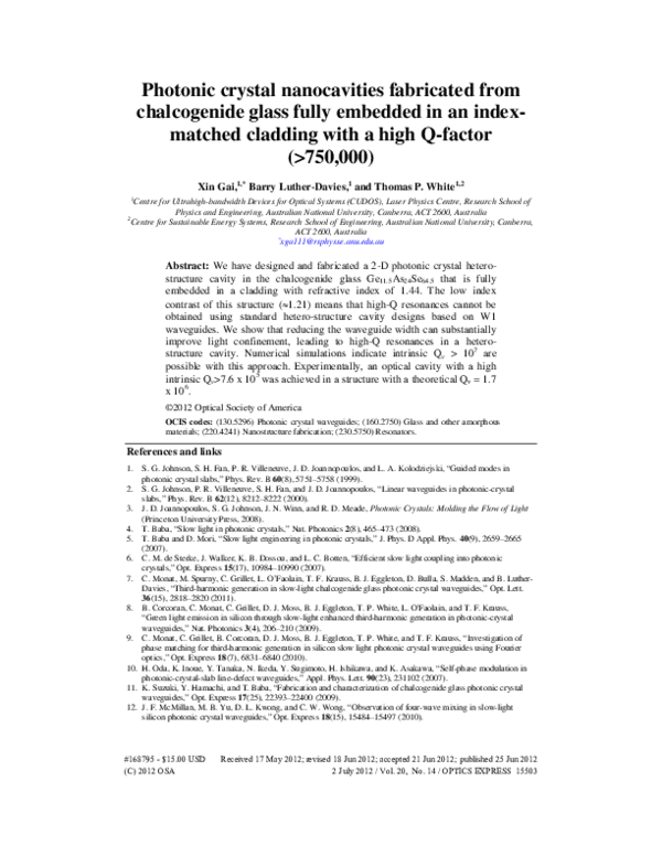 (PDF) High-Q Photonic Crystal Nanocavities in Glass