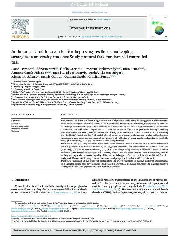 (PDF) An Internet based intervention for improving resilience and coping strategies in ...