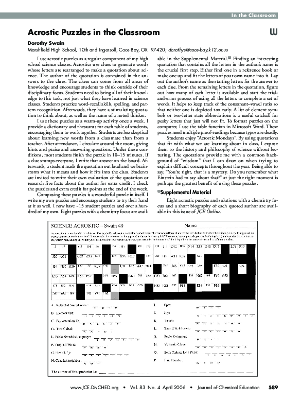 (PDF) Acrostic Puzzles in the Classroom | Dorothy Swain - Academia.edu