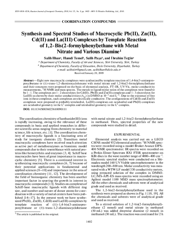 (PDF) Synthesis and spectral studies of macrocyclic Pb(II), Zn(II), Cd(II) and La(III) complexes ...