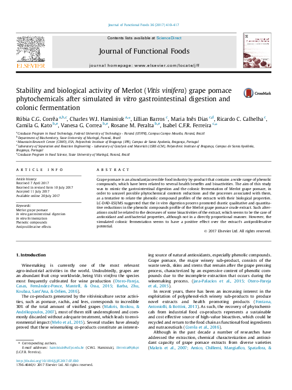 (PDF) Stability and biological activity of Merlot ( Vitis vinifera ) grape pomace phytochemicals ...