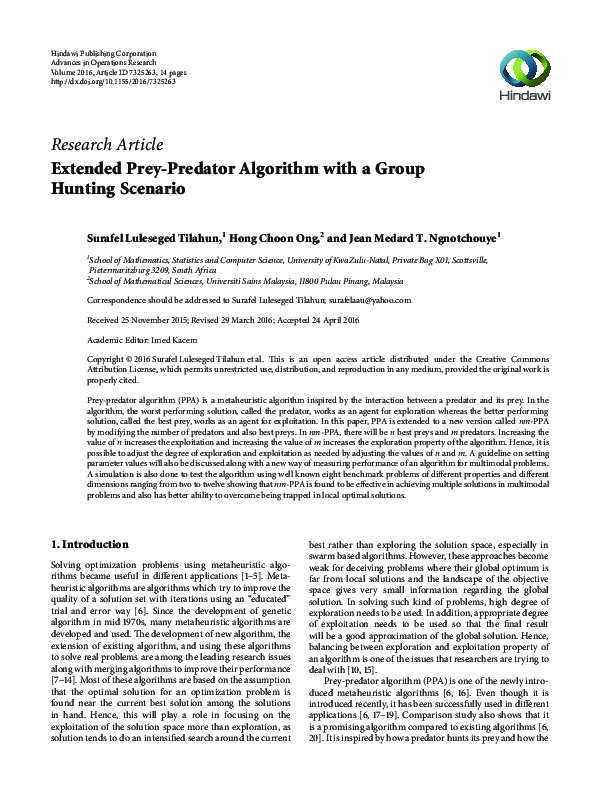 Pdf Extended Prey Predator Algorithm With A Group Hunting Scenario 8713