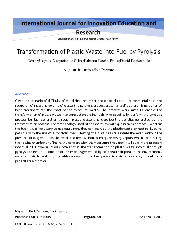 (PDF) Transformation of Plastic Waste into Fuel by Pyrolysis