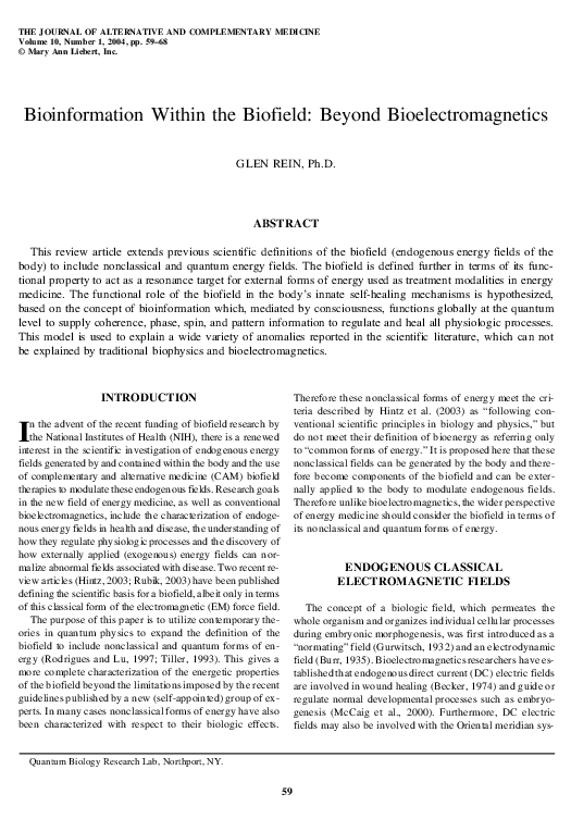 (PDF) Bioinformation Within the Biofield: Beyond Bioelectromagnetics