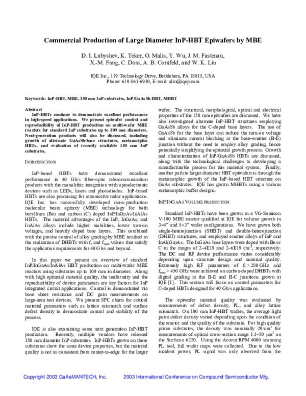 (PDF) Commercial Production of Large Diameter InP-HBT Epiwafers by MBE