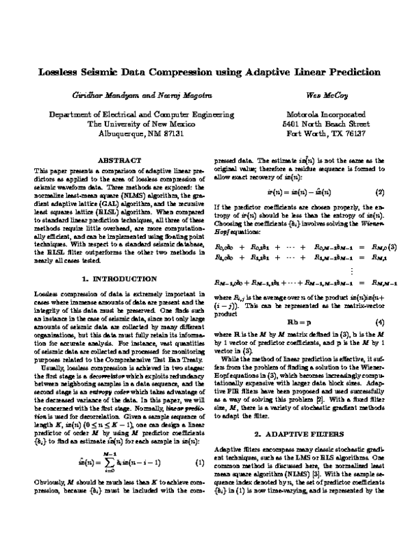 (PDF) Lossless seismic data compression using adaptive linear prediction