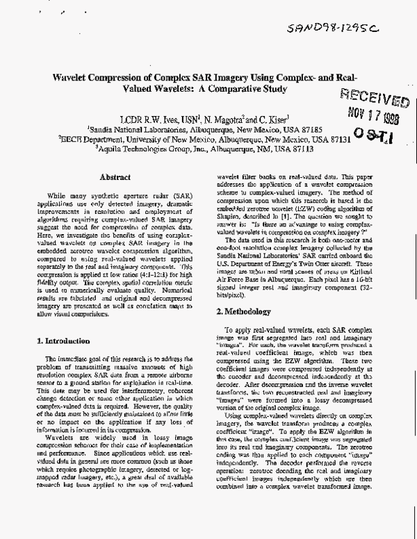Pdf Wavelet Compression Of Complex Sar Imagery Using Complex And Real Valued Wavelets A